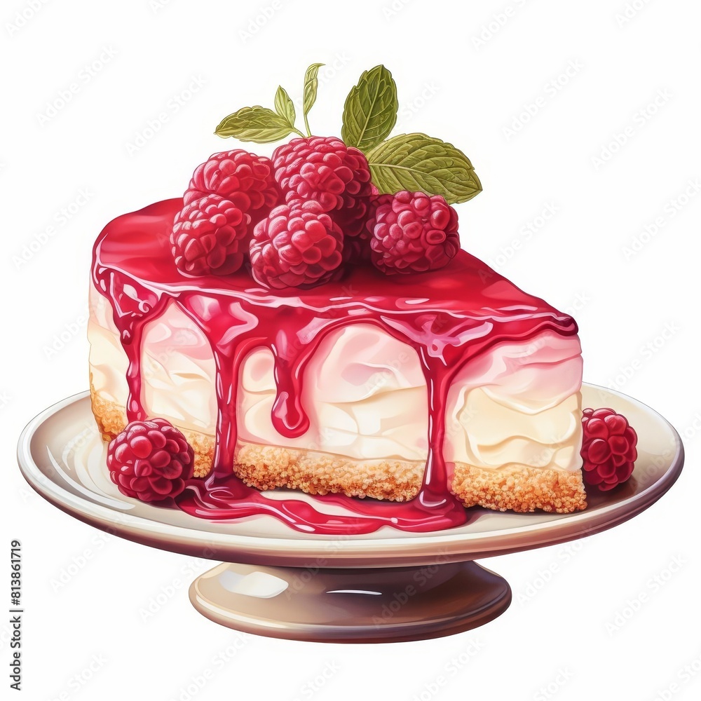 watercolor illustration of a raspberry cheesecake with raspberry swirl ...