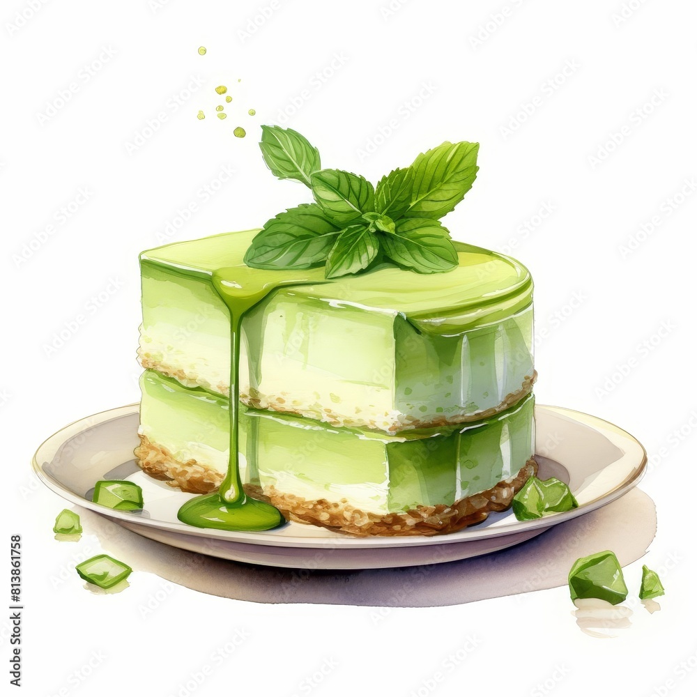 watercolor illustration of a matcha cheesecake with a green tea glaze ...