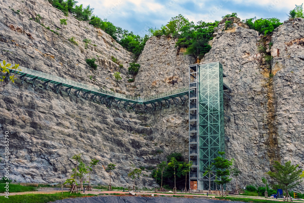 Beautiful view of build structure skywalk bridge on cliff mountain in ...