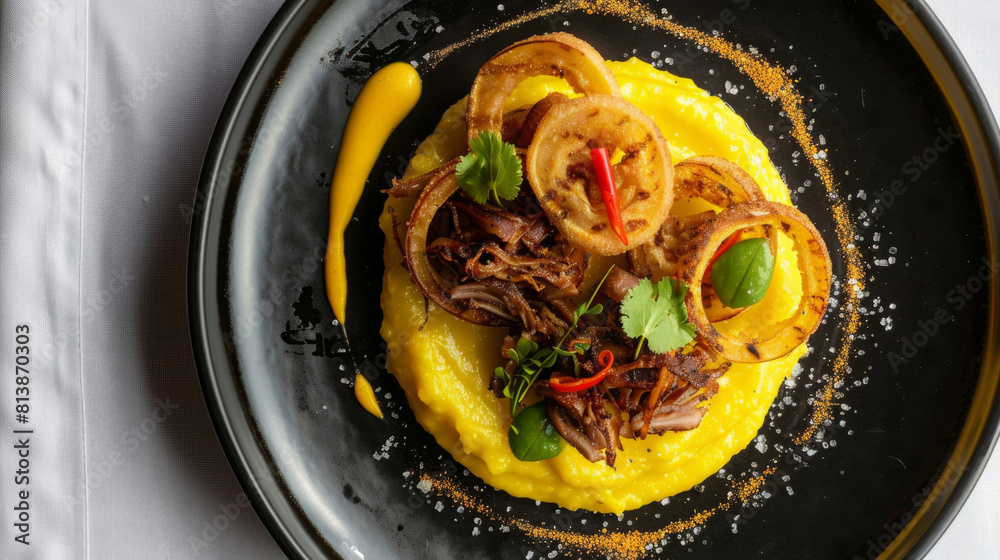 Exquisite peruvian lomo saltado served with savory aji sauce, topped ...