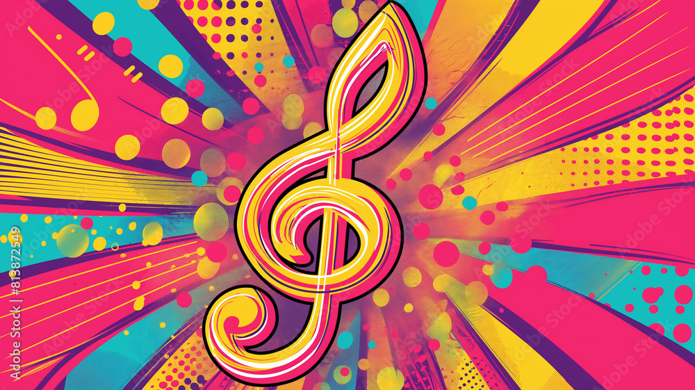 Pop art comic musical note poster. Colorful background in pop art retro ...