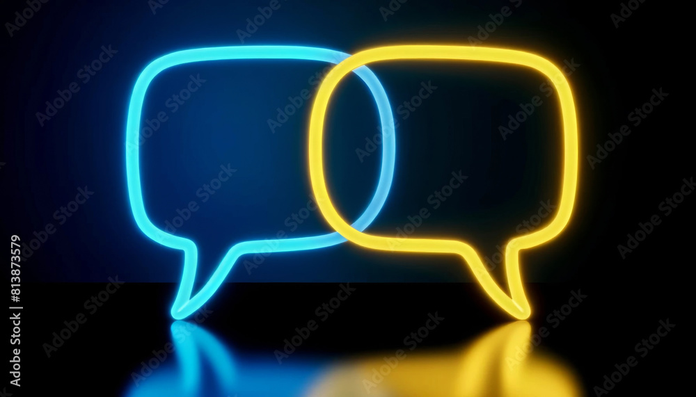 Two neon speech bubbles, one blue and one yellow, glow against a dark ...