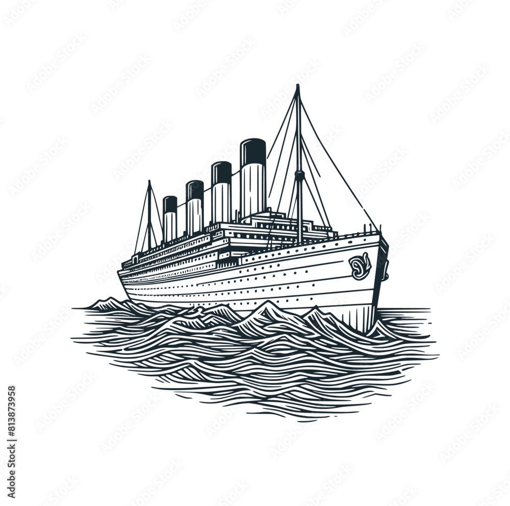 The Titanic steamboat ship. Black white vector illustration. Stock ...