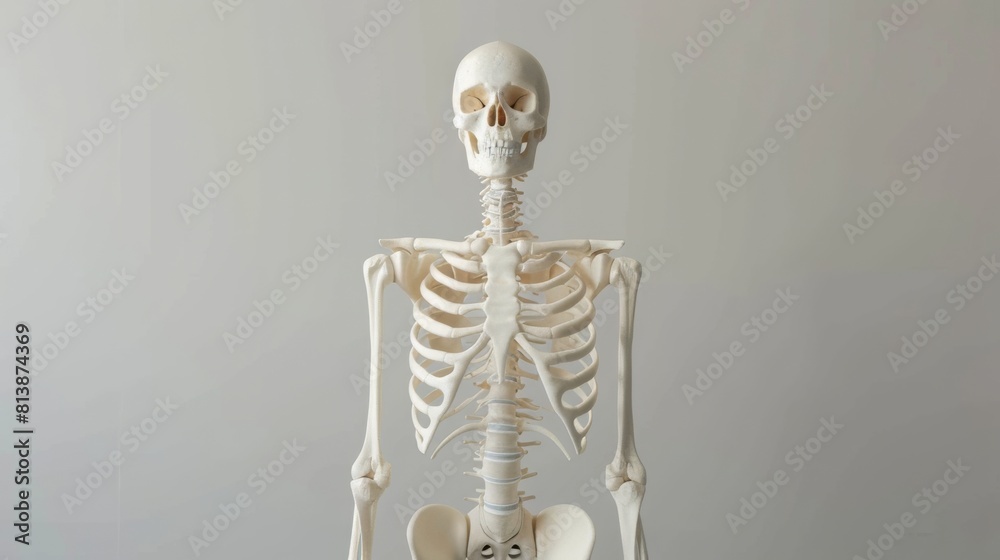 Human skeleton model posed against a plain background Stock ...