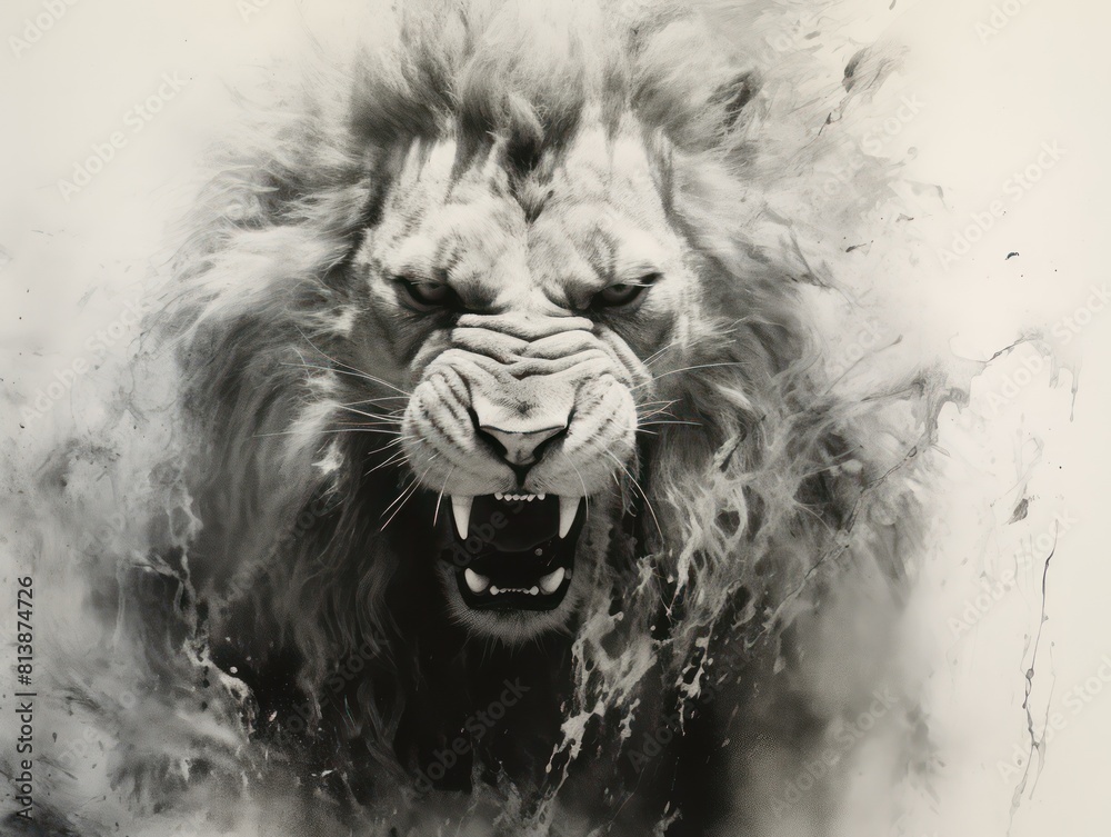 illustration of a lion roaring in black over a white background Stock ...