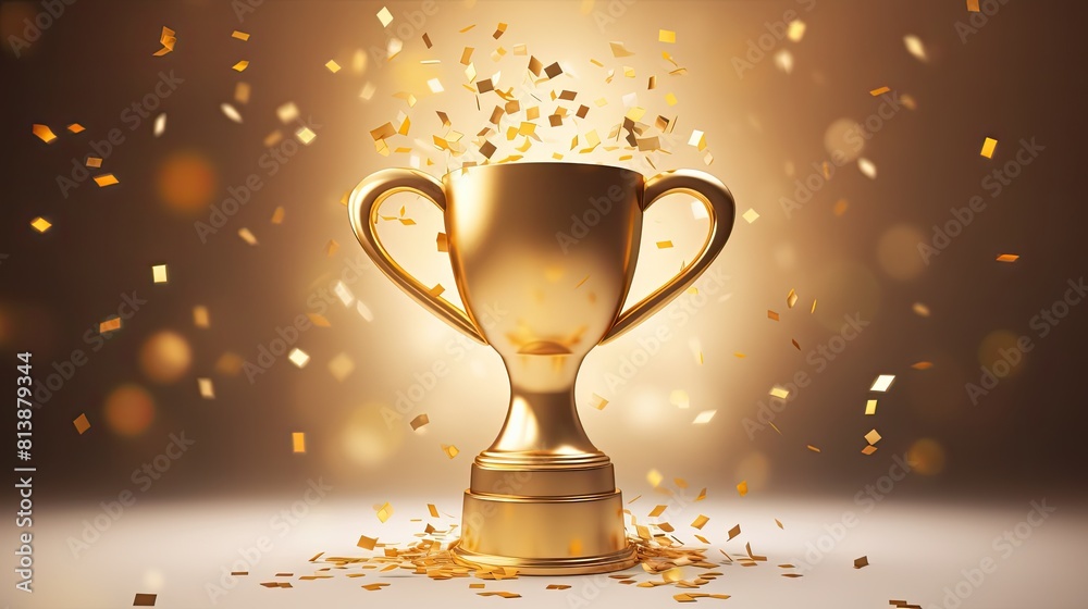 Gold first place winners trophy with confetti Stock Illustration ...