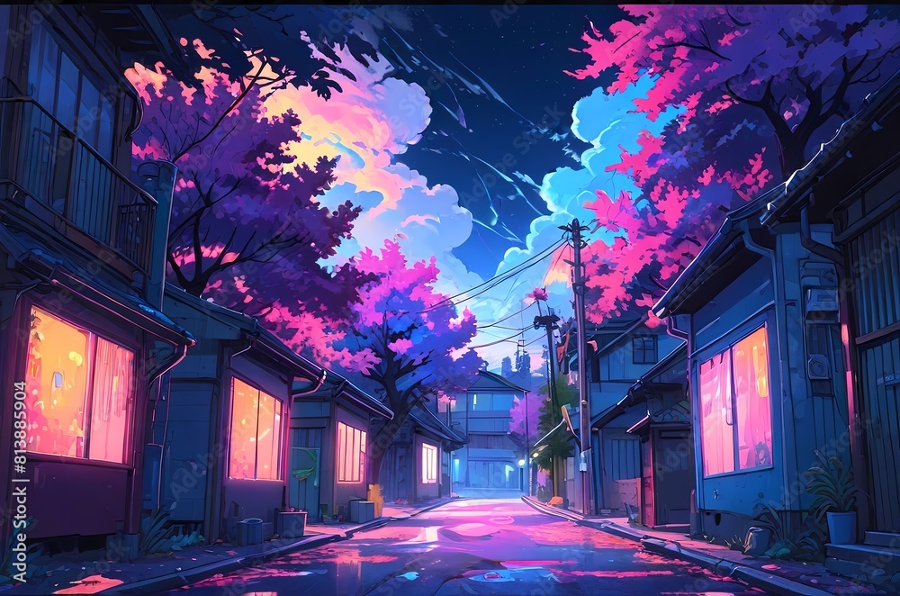 Anime style illustration of Japanese street trees neon glowing lights ...