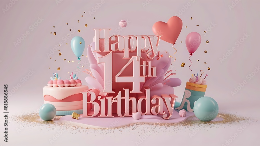 Minimalist 3D Pastel theme Happy 14th Birthday Background With ...