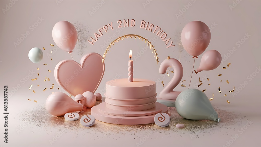 Minimalist 3D Pastel theme Happy 2nd Birthday Background With ...