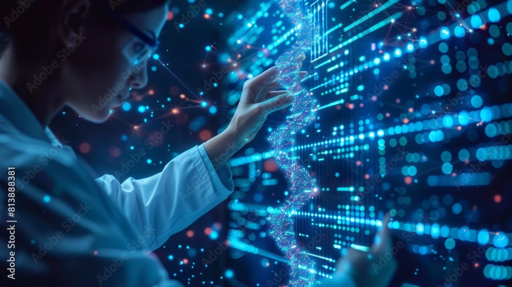 A medical researcher analyzing genomic data with AI algorithms to ...