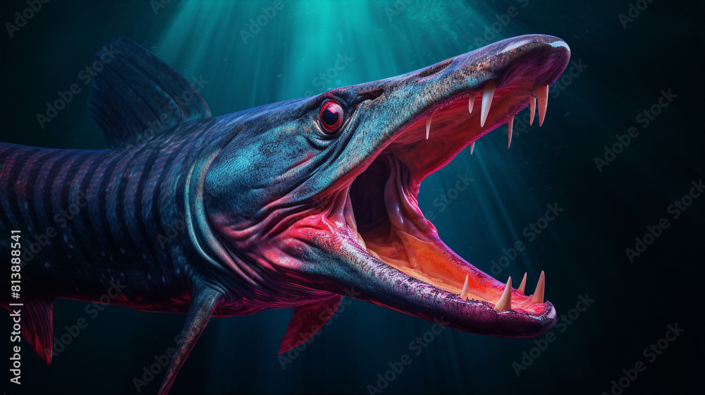 A realistic 3D illustration of a fierce looking toothy prehistoric fish ...