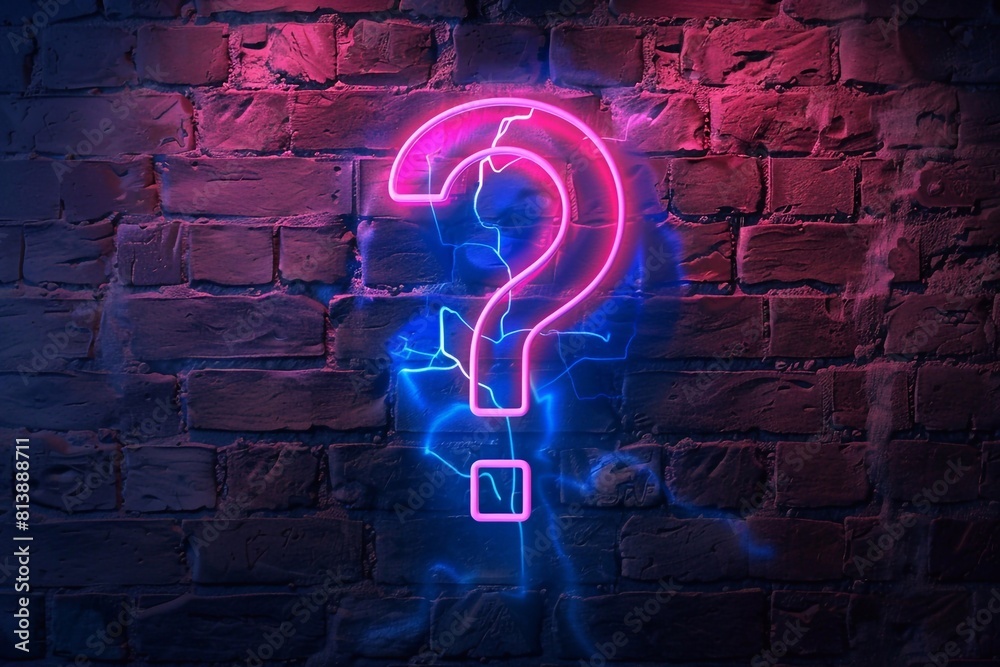 Outline query silhouette. Neon question mark icon. Blue and pink neon ...
