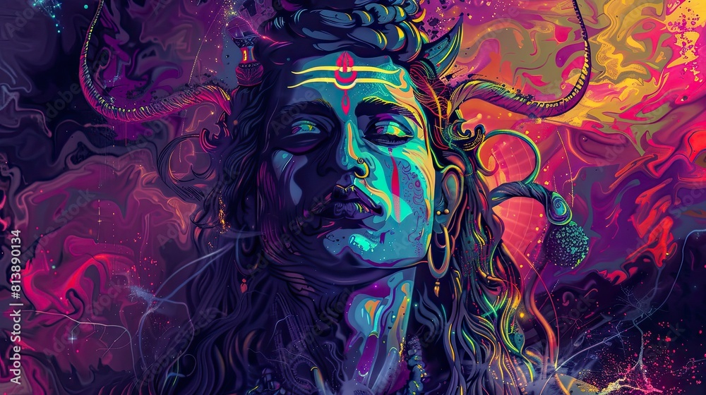 Depiction of Shiva with his traditional attributes, encircled by a ...