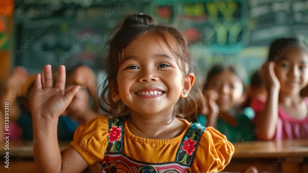 A little girl student in rural area smiling looking at camera at rural ...
