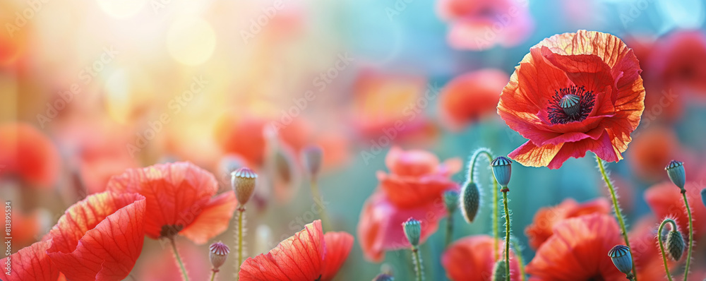 Vibrant red poppies bloom under a soft-focus blue sky background with warm diffused sunlight and ...