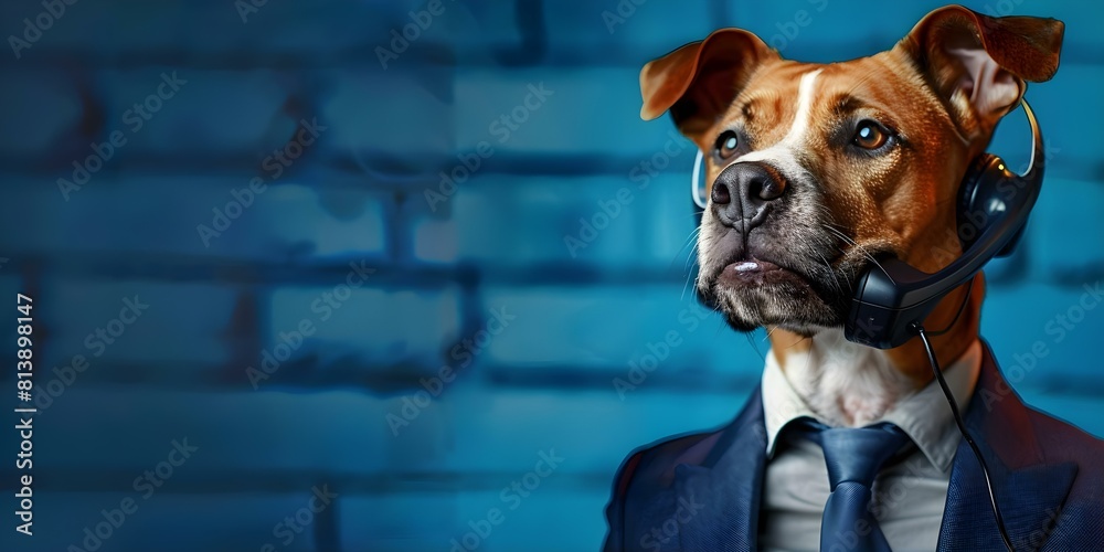 Dog in business suit with headset answering phone calls. Concept Dogs ...