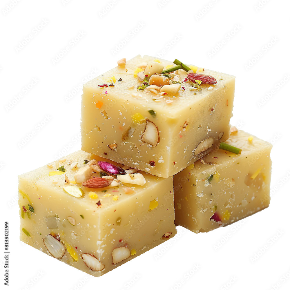 Milk powder barfi also known as Mava burfi toped with nuts, isolated on ...