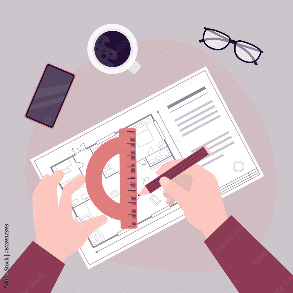 Table with tools for blueprint drawing. architect draws a plan for a ...