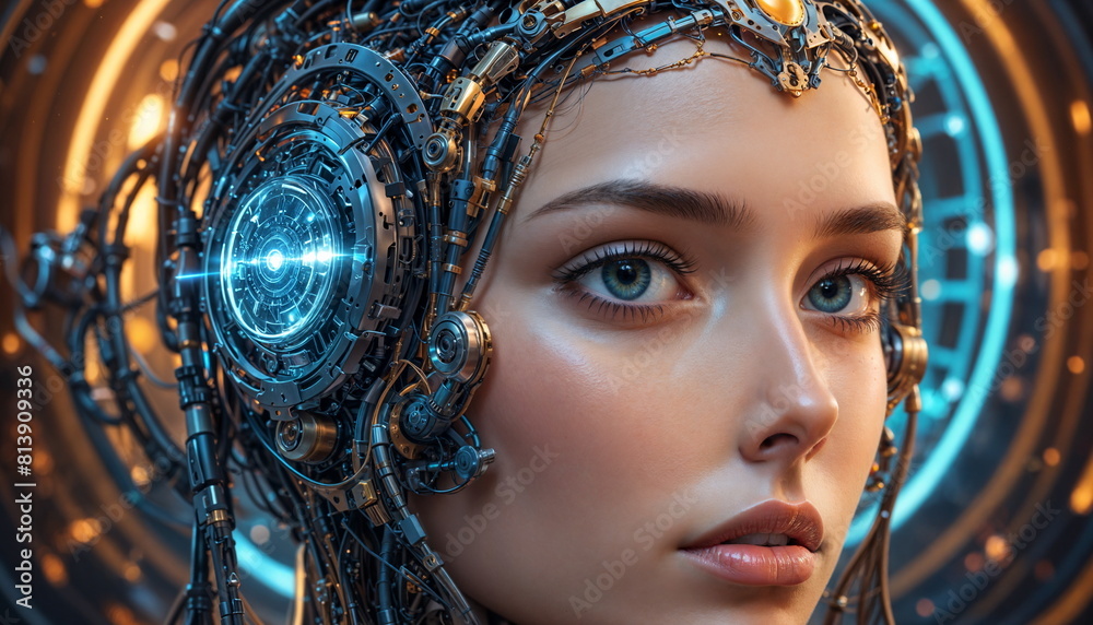 A close-up of a female androids face, featuring detailed mechanical ...