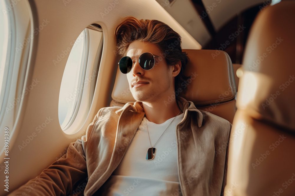 Rich billionaire young man fly on his private jet looking through the ...