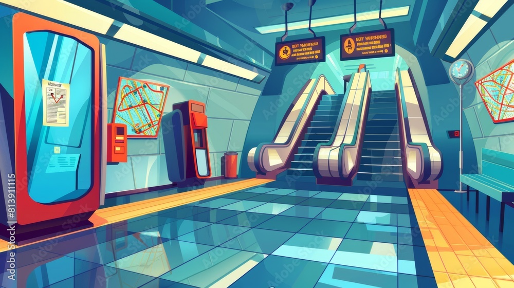 From the underground tunnel, a train gets on to an empty subway ...