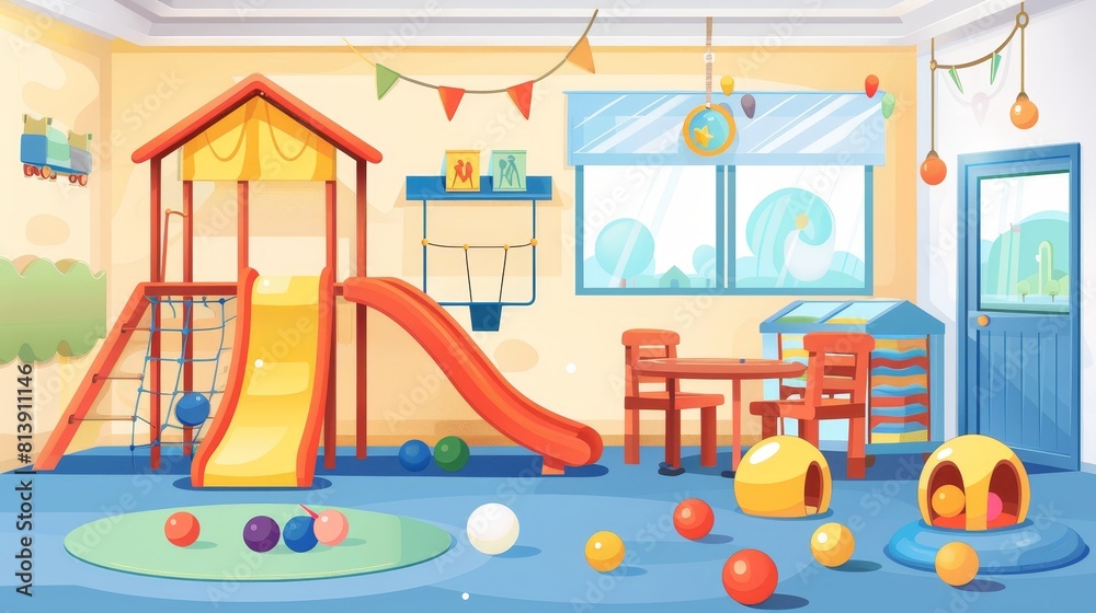 Cartoon modern illustration of a children's playroom interior, a dry ...