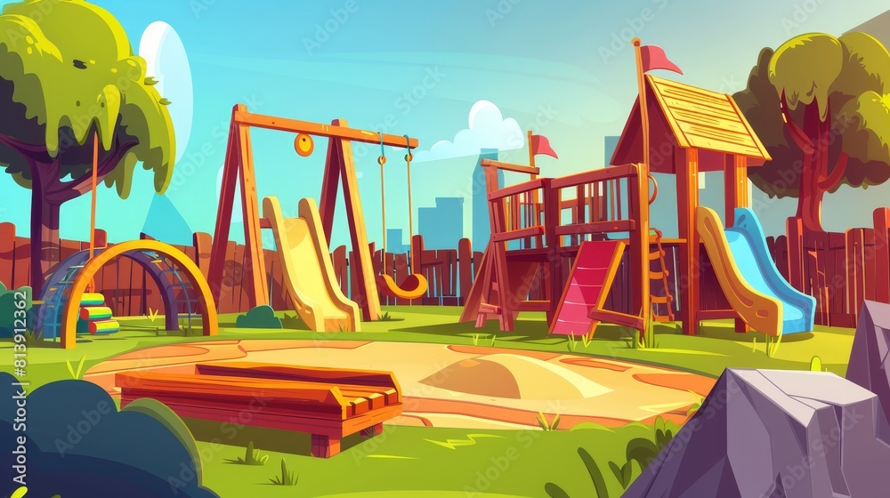 Graphite cartoon illustration of kindergarten playground, seesaw ...