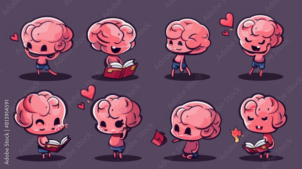 Cartoon chat bot with cute brain character reading a book, meditating ...