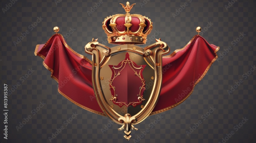 Golden monarch crown, shield and red folded cloth or cape, heraldic ...