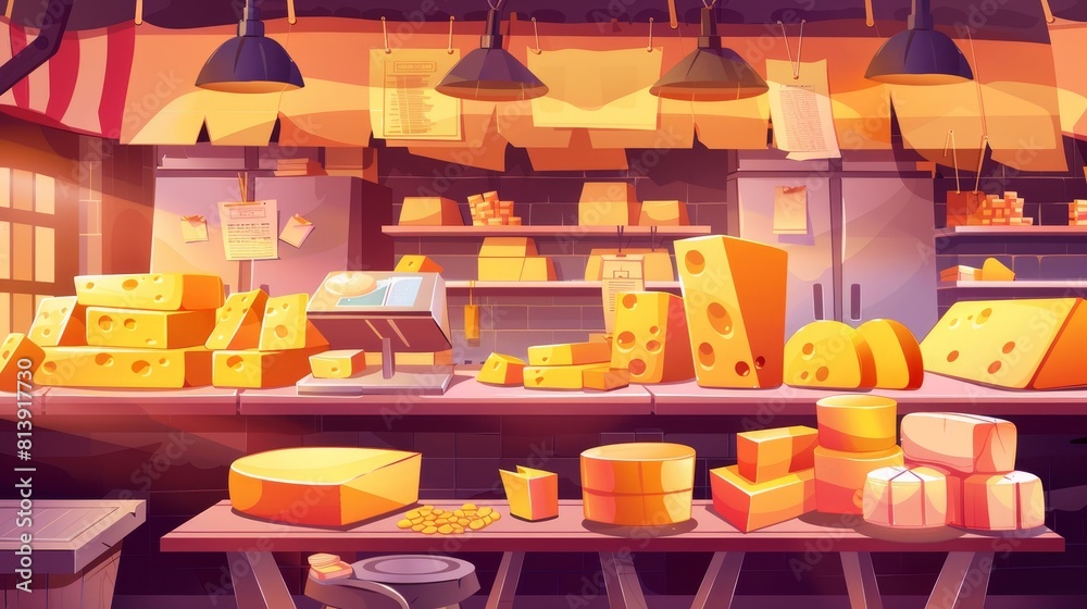 The interior of a cheese shop with cheddar and gouda slices on shelves ...