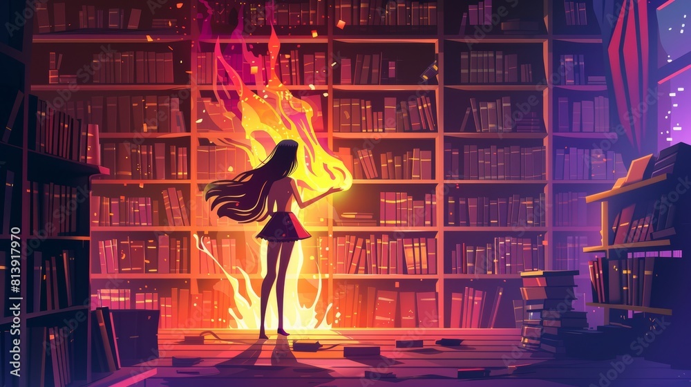 Nymph in magic school interior, fantasy character looking at wizard ...