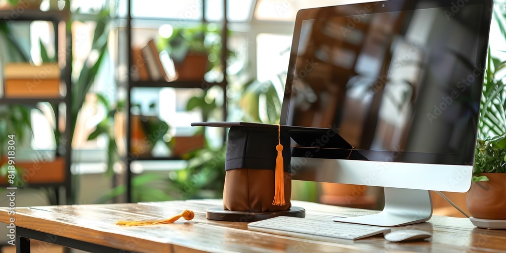 Online education concept with computer monitor graduation cap and ...
