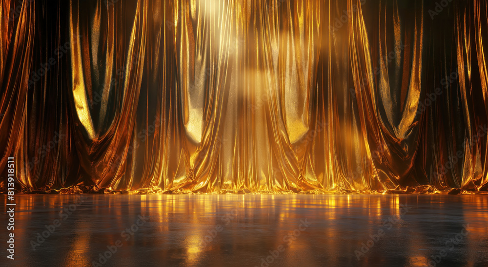 Elegant gold stage curtains with ambient lighting. A luxurious display ...