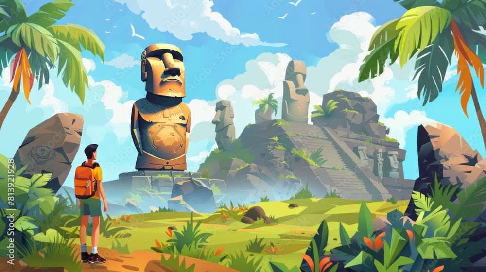 Traveler with backpack and map on Easter island with ancient Mayan ...