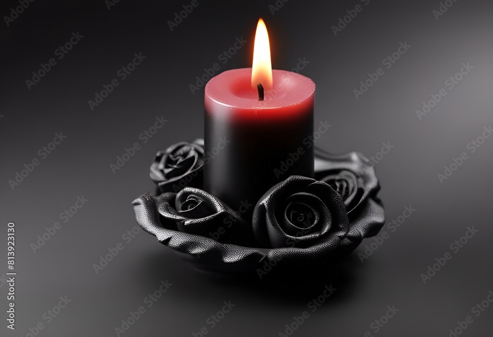 candlestick decorated with black roses with dark burning candle on ...