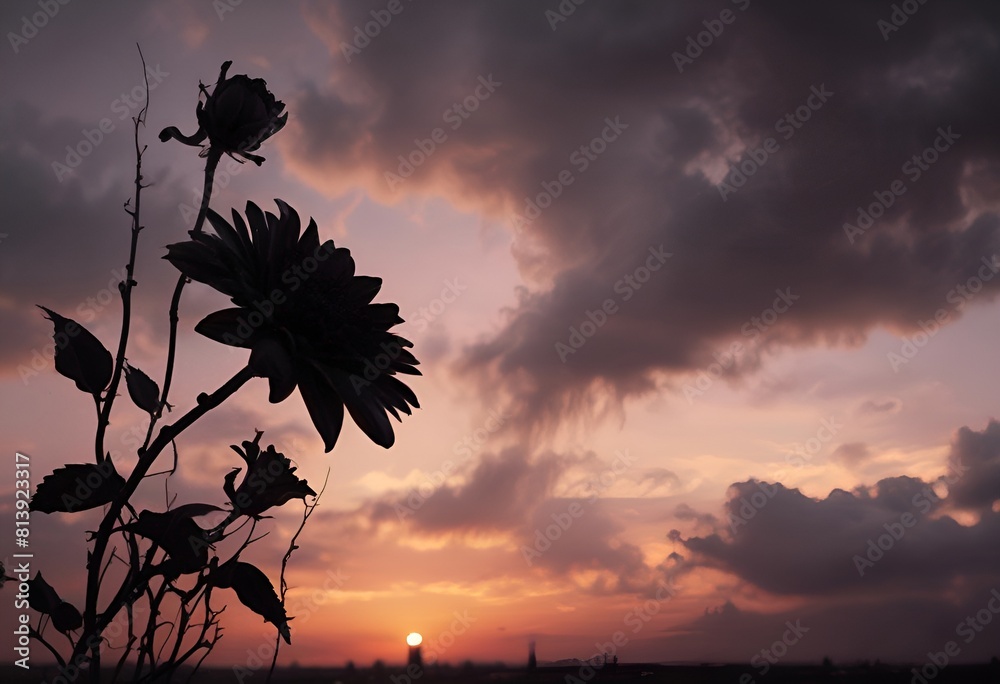 flower silhouette on sunset background for obituary notice, funeral ...