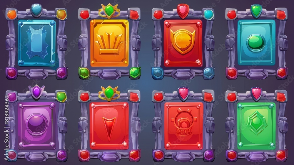 Game frame cartoon interface with menu buttons and royal crown. Red and ...