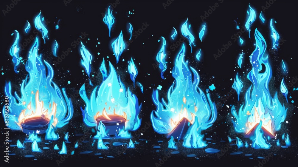 Flame sequence on torch, candle or bonfire isolated on black background ...