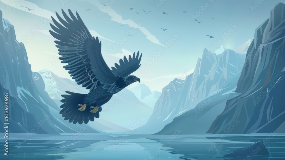2D landscape with separate layers for game, black eagle, falcon or hawk ...