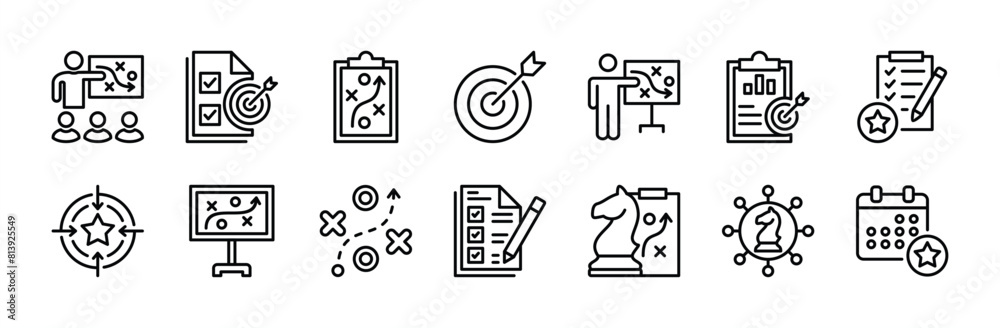 Action plan thin line icon set. Containing planning, strategy, goal ...