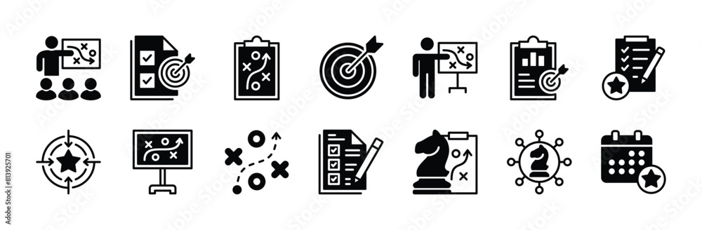 Action plan icon set. Containing planning, strategy, goal, target ...