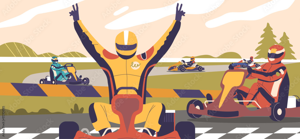 Thrilling Moment Of A Go-kart Race, Featuring Drivers In Colorful ...