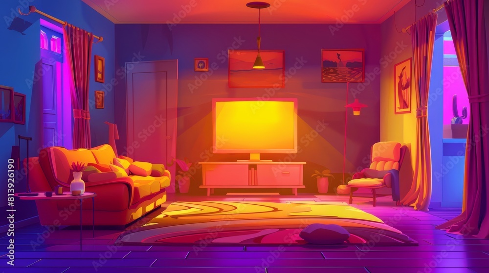 An interior with a glowing television and rear view of the sofa for a ...