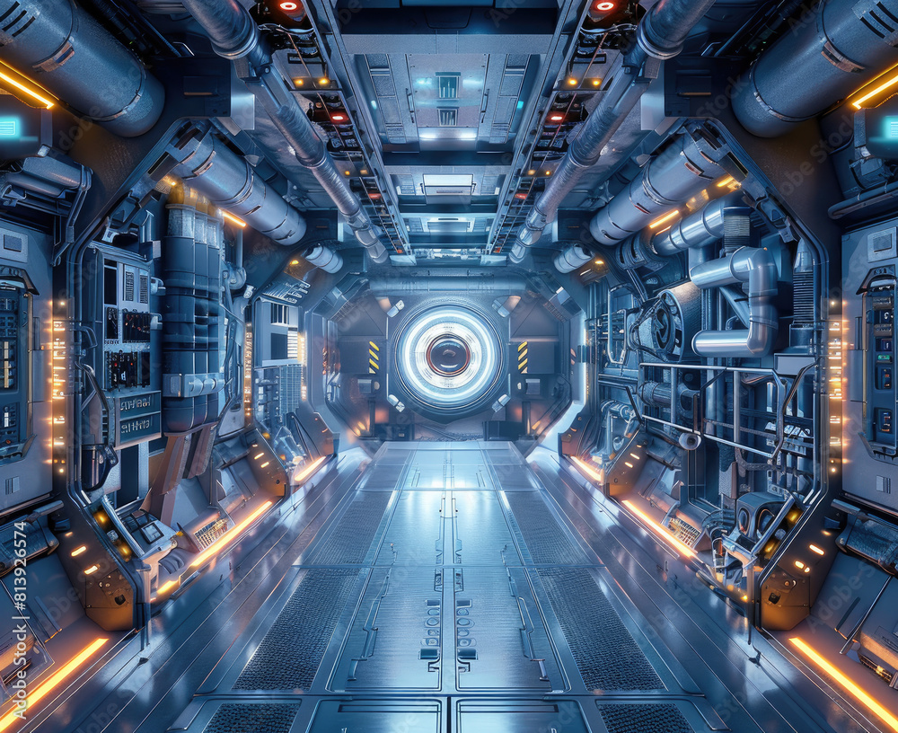 A highly detailed render of a futuristic sci-fi spaceship engine room ...