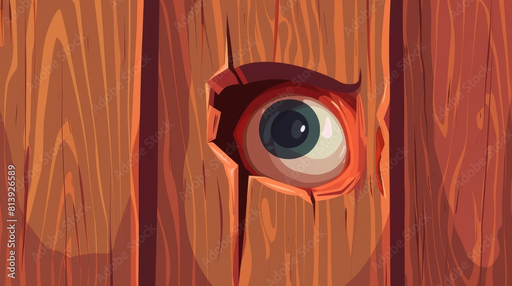 Insect eye in fence hole, spy concept. Hidden person looking through ...