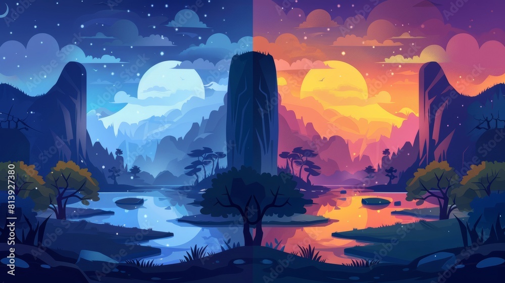 Day and night smartphone lock screen, time and date onboard, natural ...