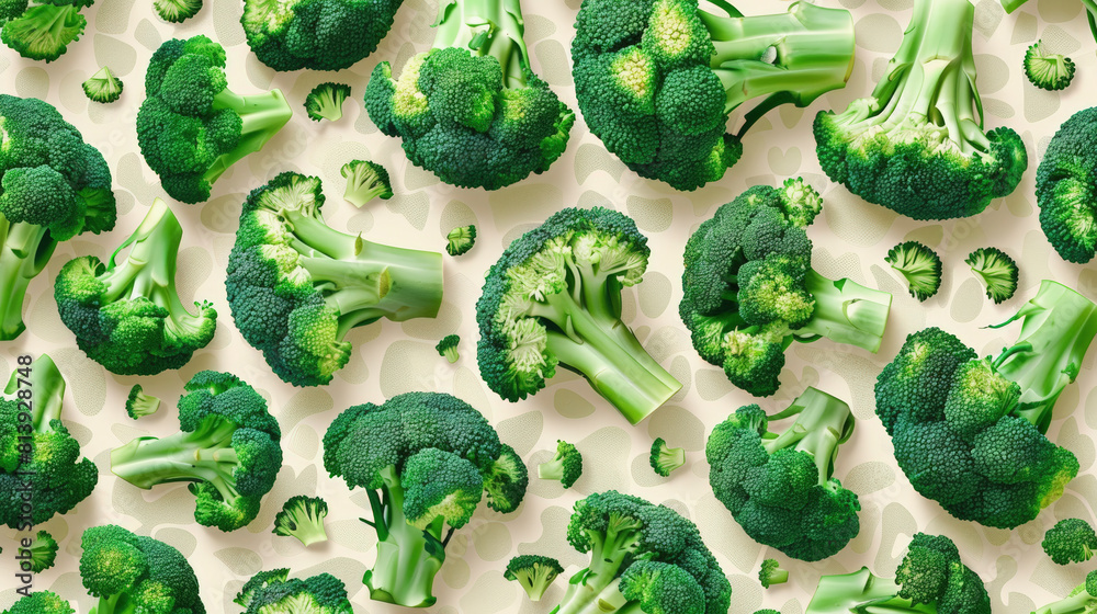 The image displays multiple broccoli florets and stems scattered across ...