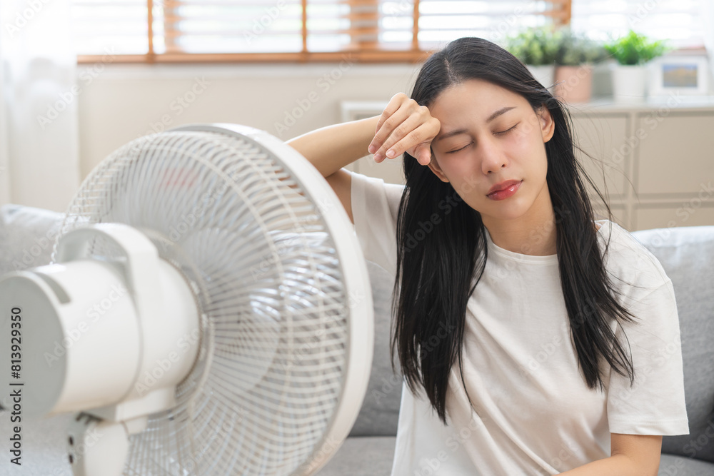 Suffer summer heat wave stroke, hot weather, tired asian young woman ...