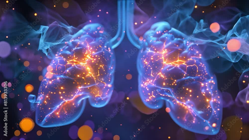 A pair of lungs is depicted with a backdrop of glowing lights. The ...