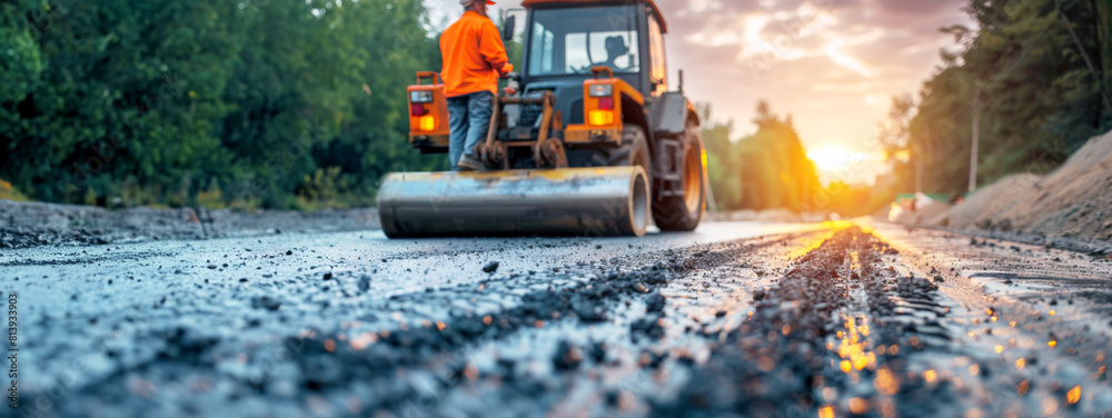 Damaged road tarmac laying works at a road construction site, asphalt ...